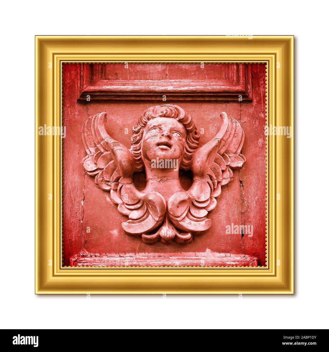 Sculpture of an angel on a wooden door in Italy - Wooden golden frame ...