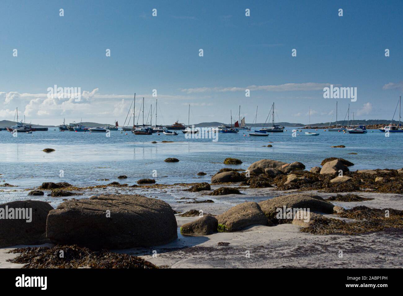 Boats in St Mary's Harbour seen from Porthmellon beach, St Mary's ...