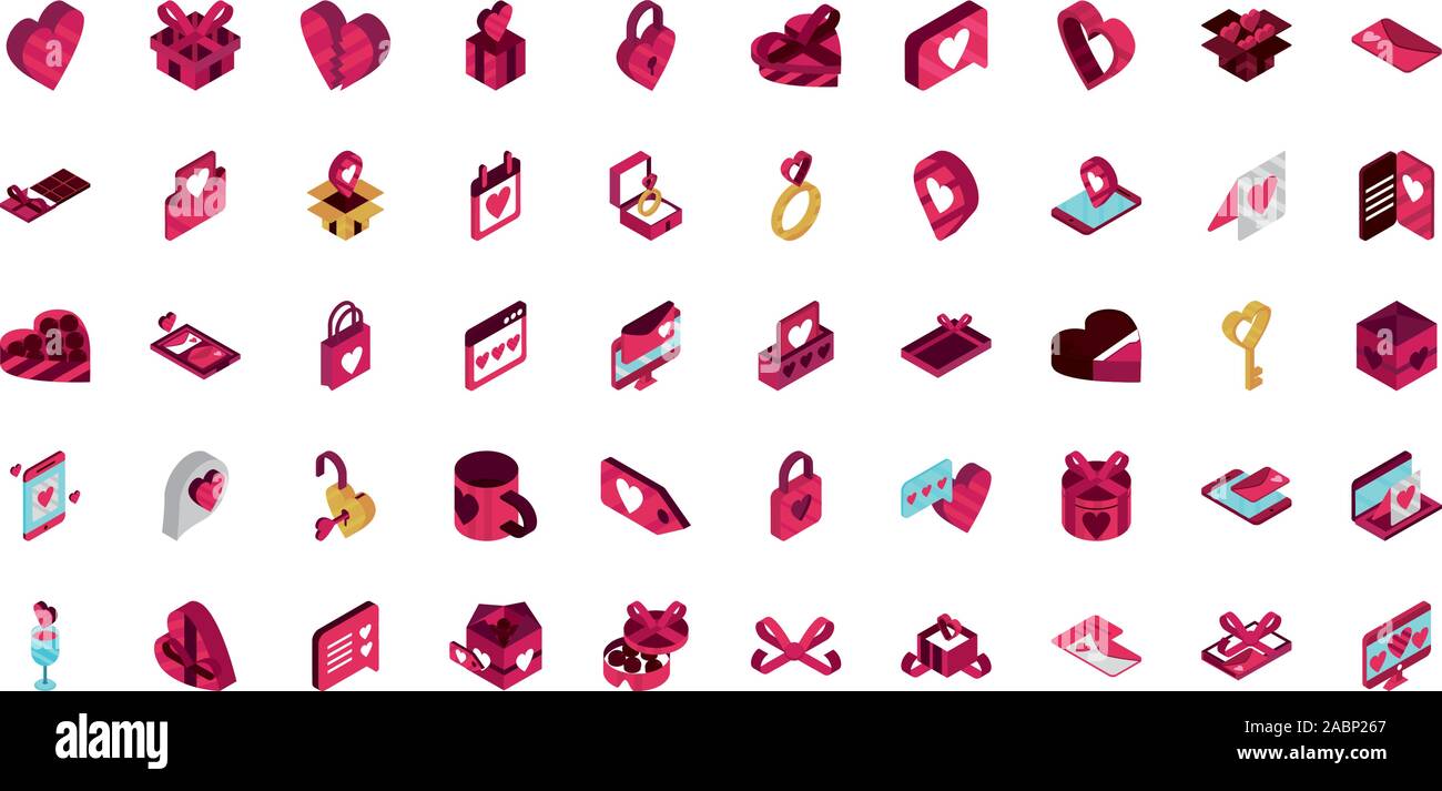 happy valentines day romantic isometric icons collection vector ...