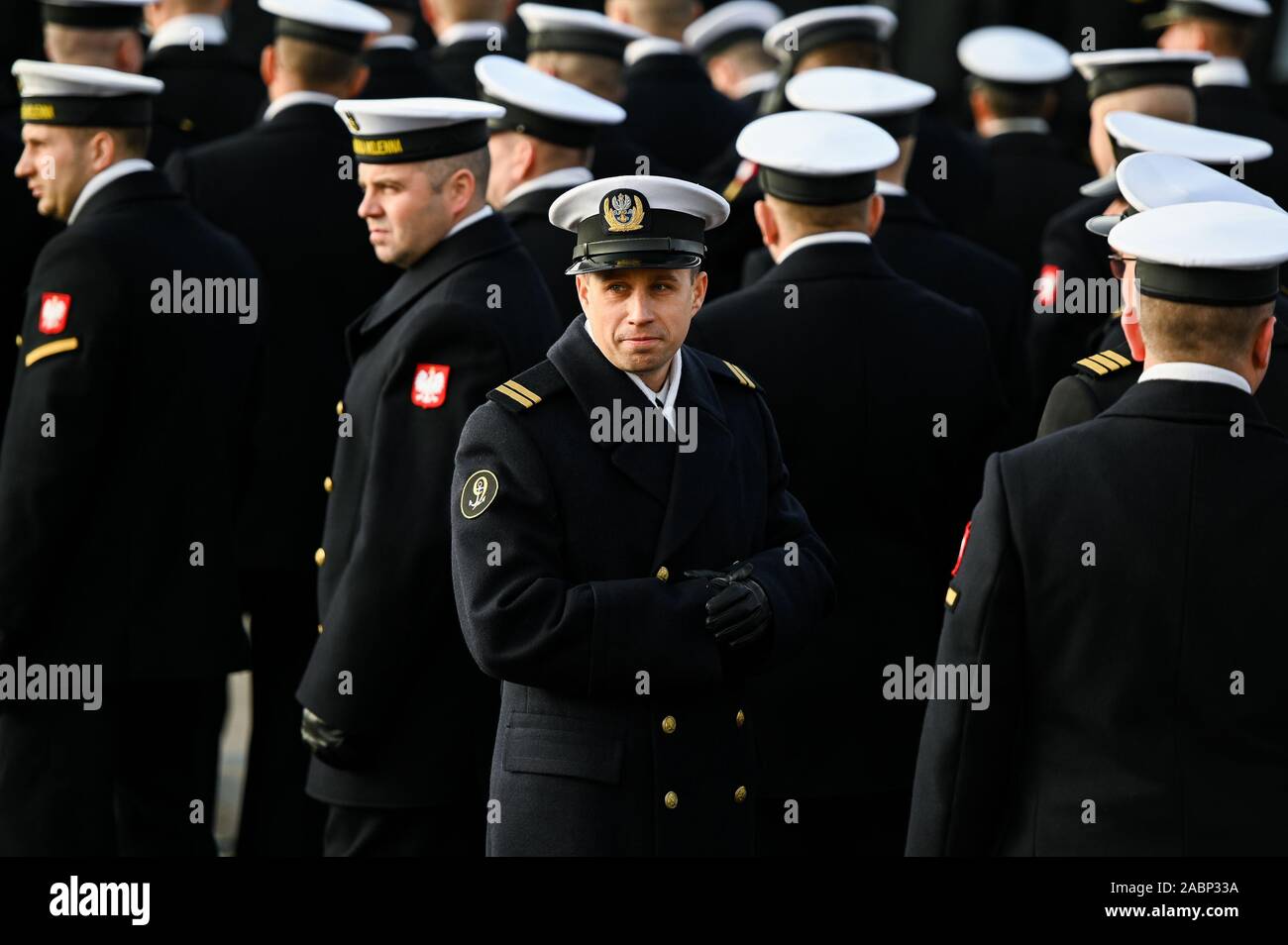 Polish Navy officers are seen during the 101st anniversary of the ...