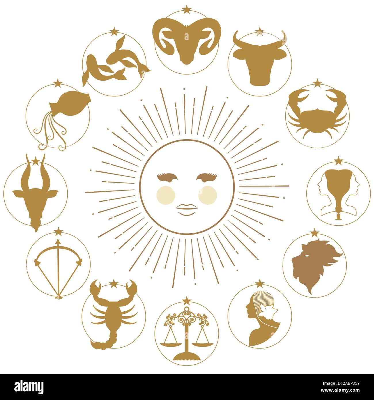 Zodiac wheel on starry sky, sun, moon and stars Stock Vector Image ...