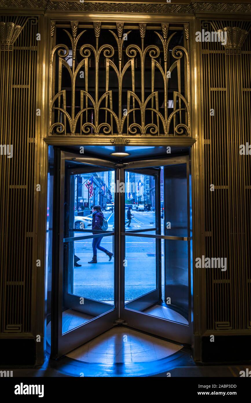 The lobby entrance doors with the grain artwork at the Chicago Board of ...