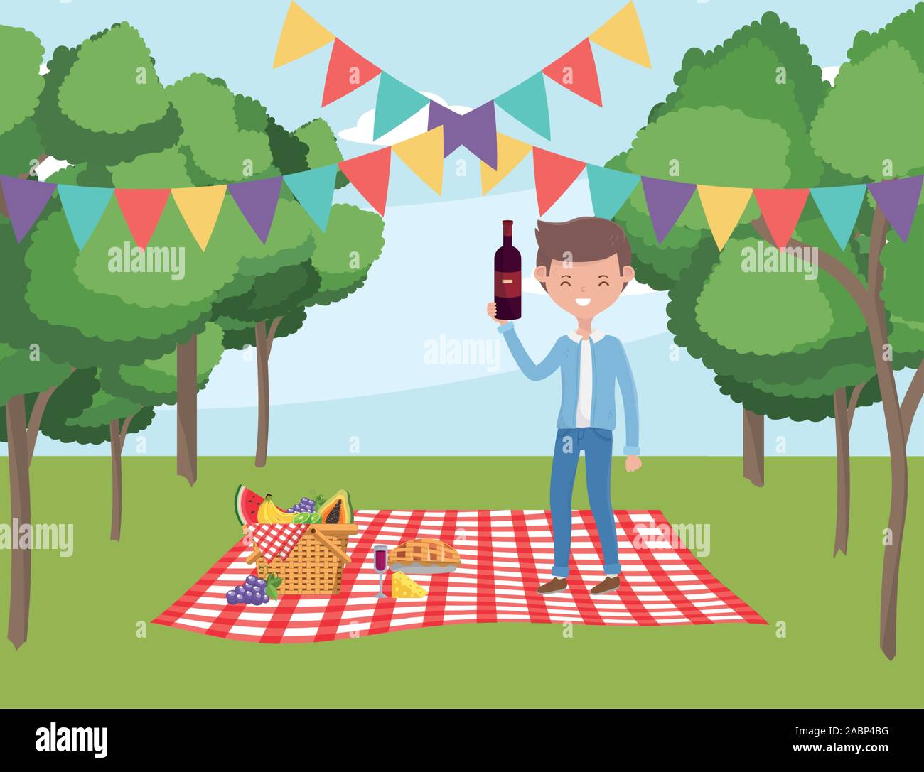 Man cartoon having picnic design, Food party summer outdoor leisure ...