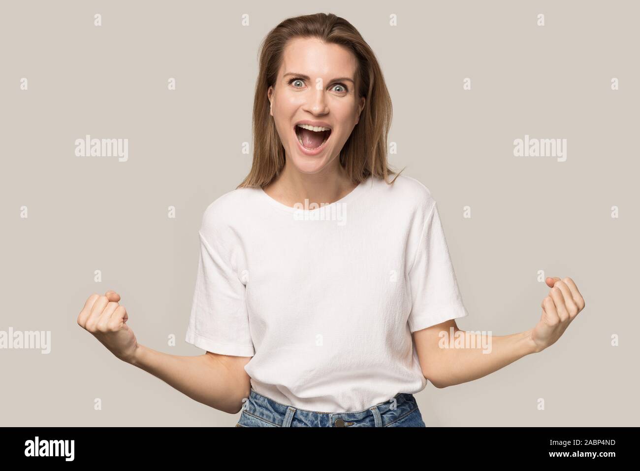 Excited woman celebrating win, good result, screaming with joy Stock ...