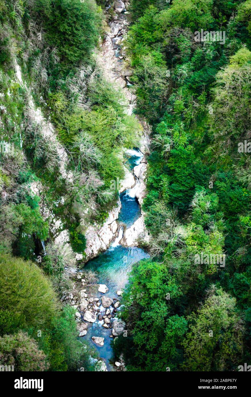 landscape view from above on a mountain canyon gorge with a river and ...