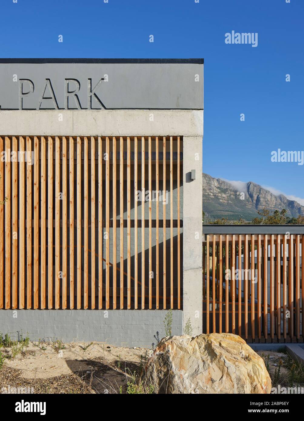 Detail of timber slat cladding in arrival area. SAN Parks Tokai Offices ...