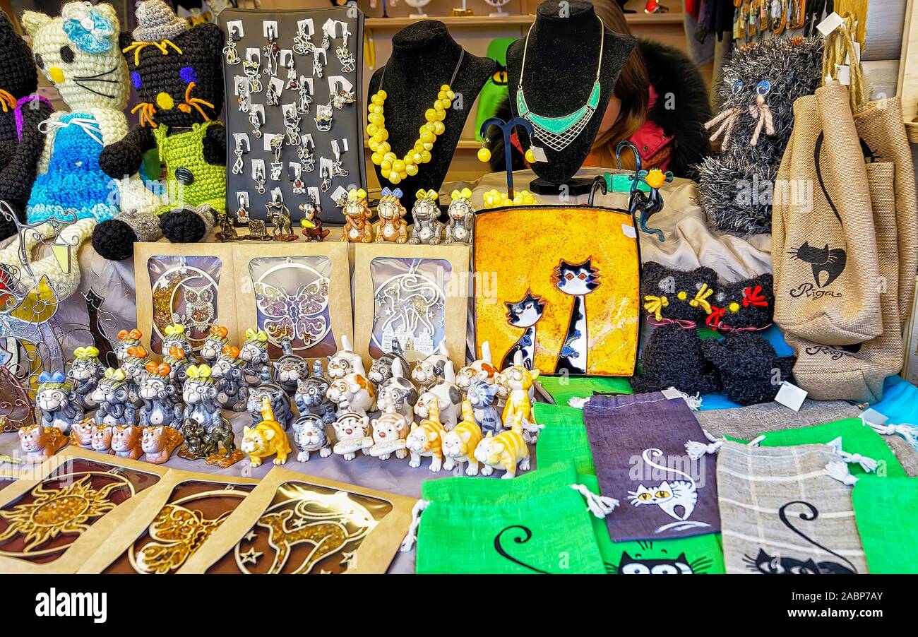 Souvenirs with cat symbol displayed at Riga Christmas market reflex ...