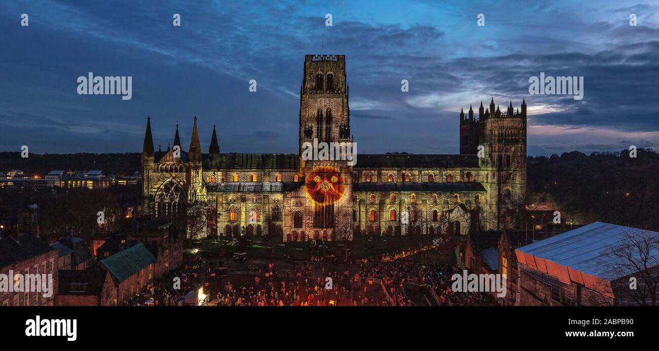 Durham Cathedral at night during Durham Lumiere 2019, Durham, County ...