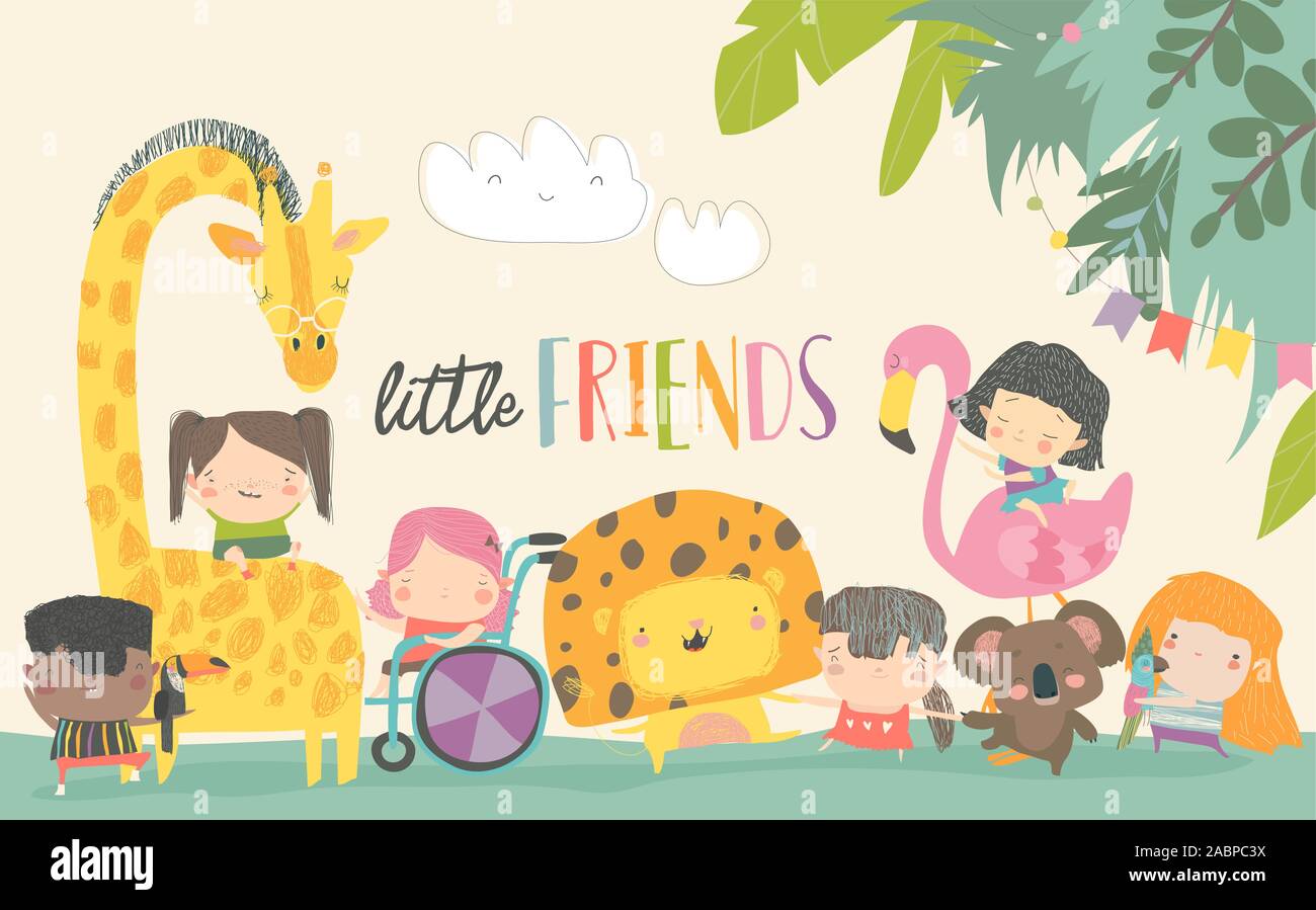 Cute children with cartoon animal. Happy friends Stock Vector Image ...