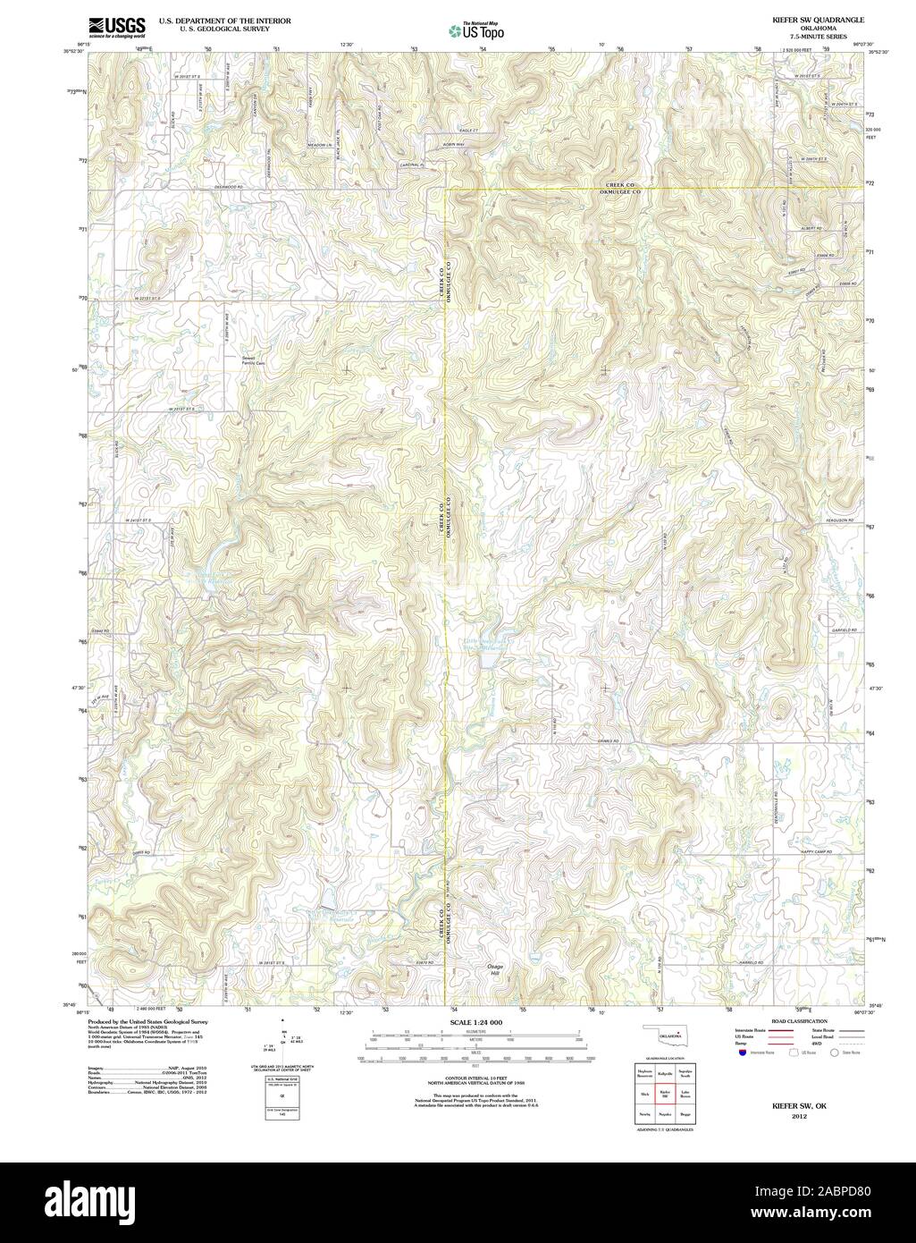 USGS TOPO Map Oklahoma OK Kiefer SW 20121127 TM Restoration Stock Photo ...