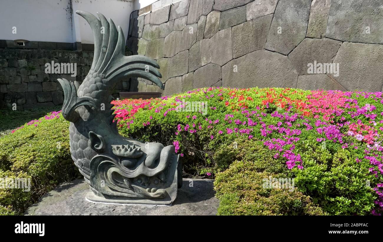 TOKYO, JAPAN - APRIL, 10, 2018: the fish statue, shachihoko, to provide ...