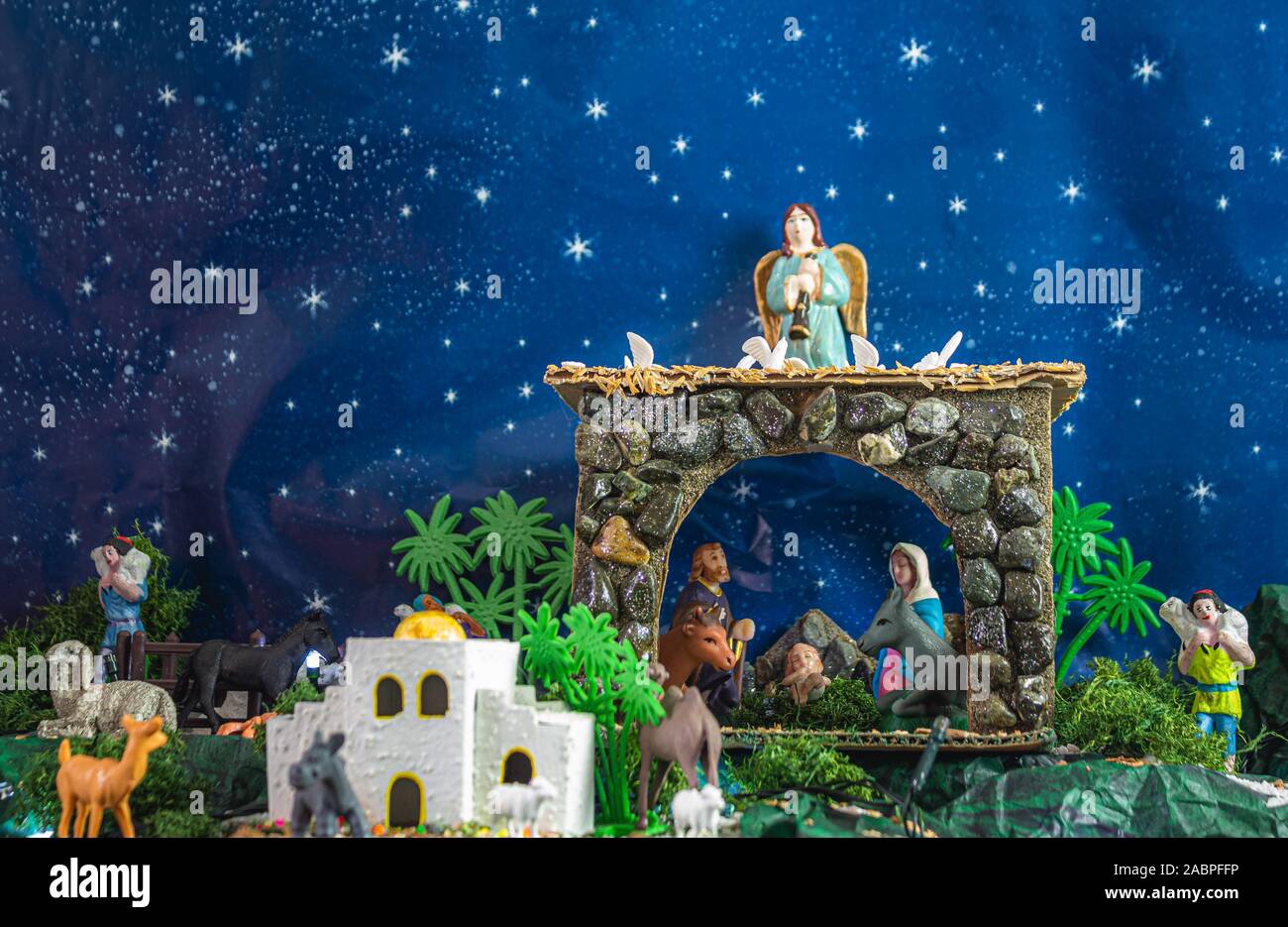 Traditional nativity scene of the birth of the child Jesus in a manger ...