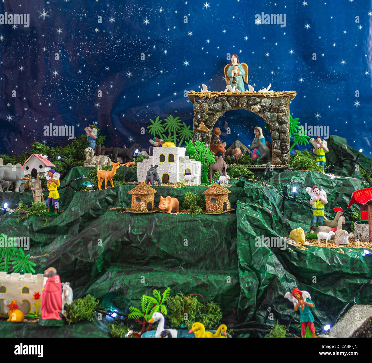 Traditional nativity scene of the birth of the child Jesus in a manger ...
