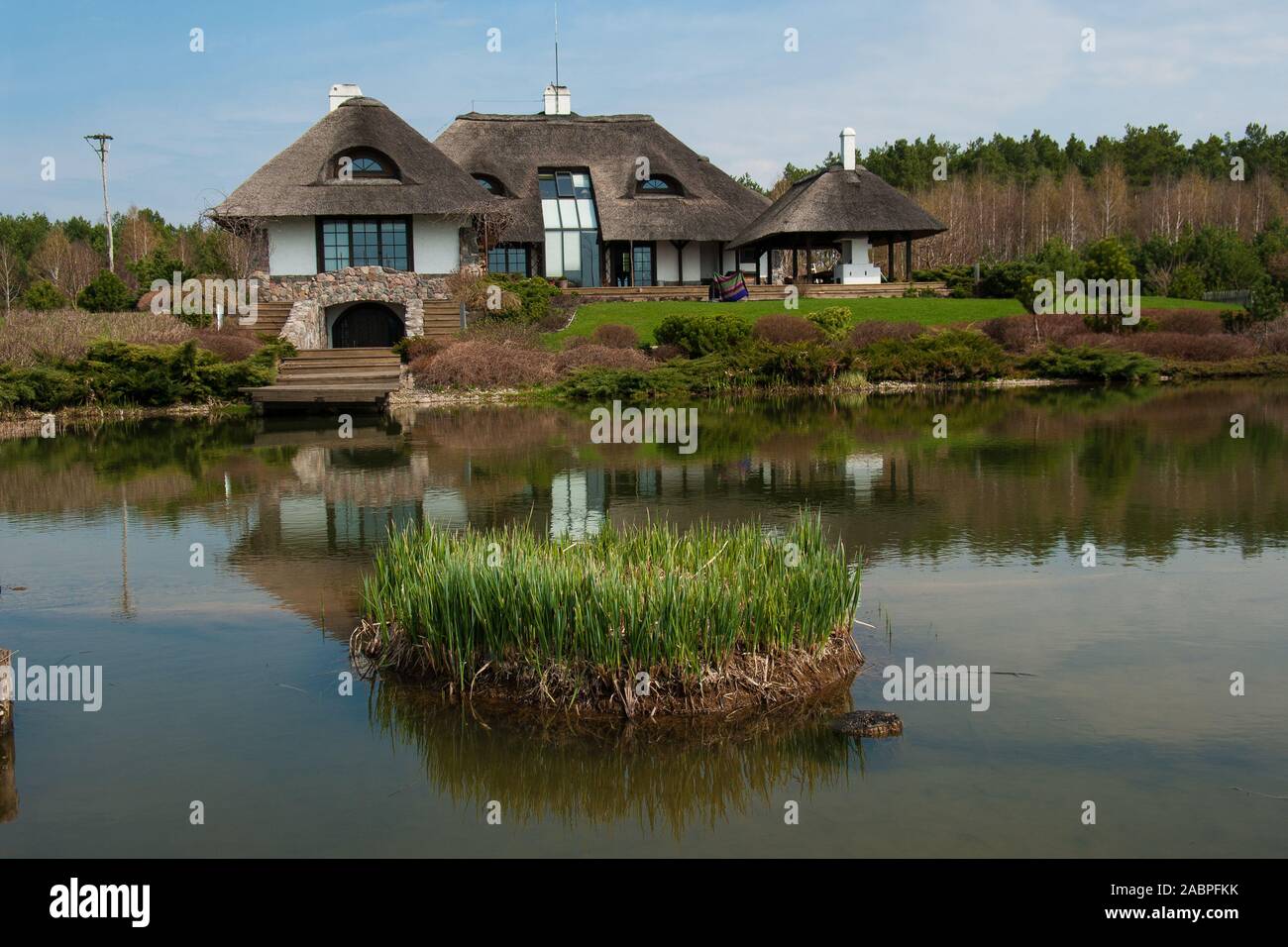 A magnificent, modern property with a straw roof with a pond Stock ...