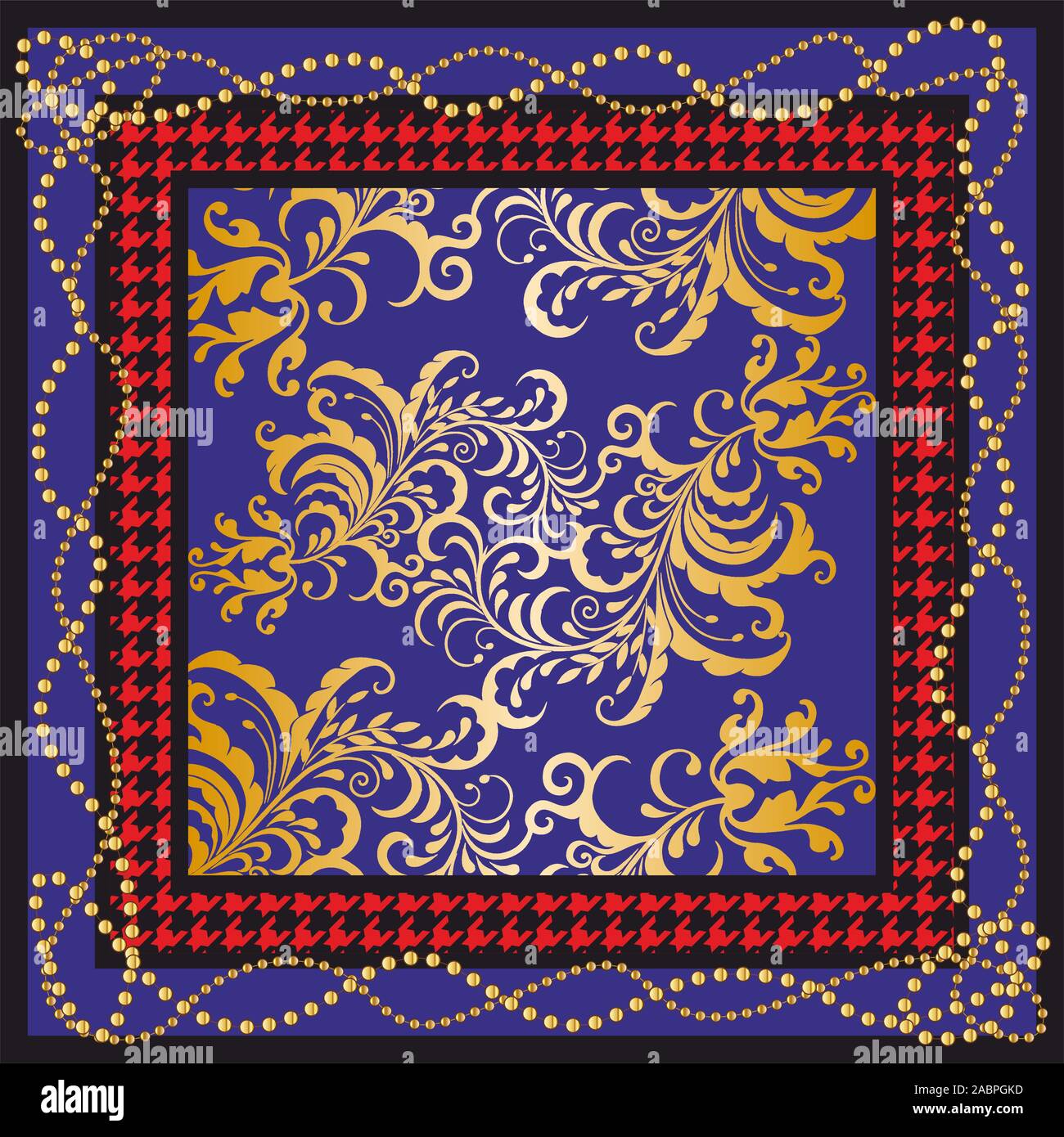 Golden paisley, chains and red crowbar pattern. Colorful flowers ...