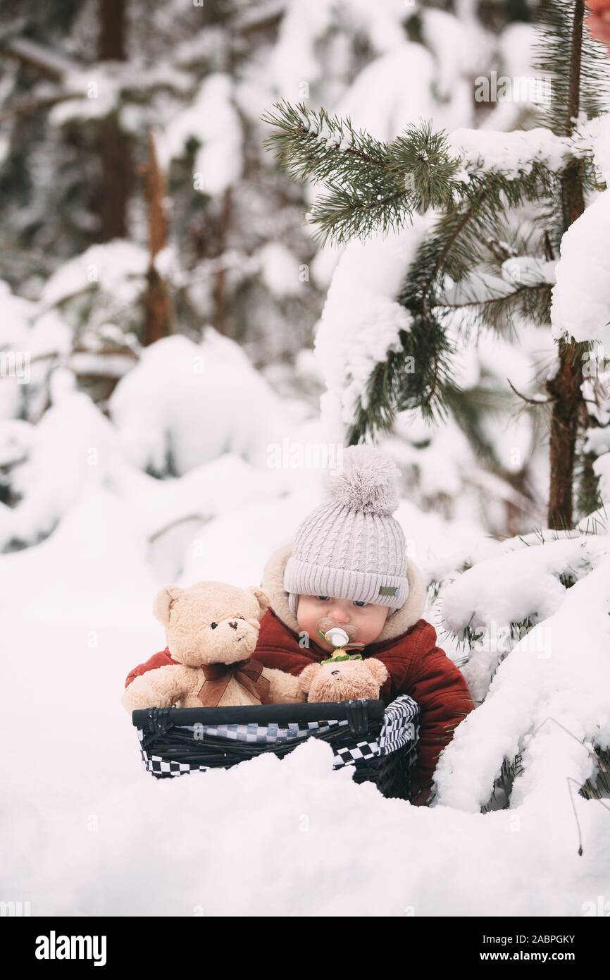 cute little baby boy with teddy bears in winter forest Stock Photo - Alamy