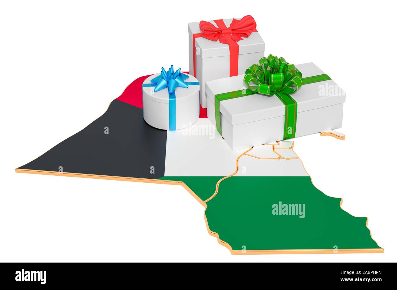 Gift boxes on the Kuwait map. Christmas and New Year holidays in Kuwait ...