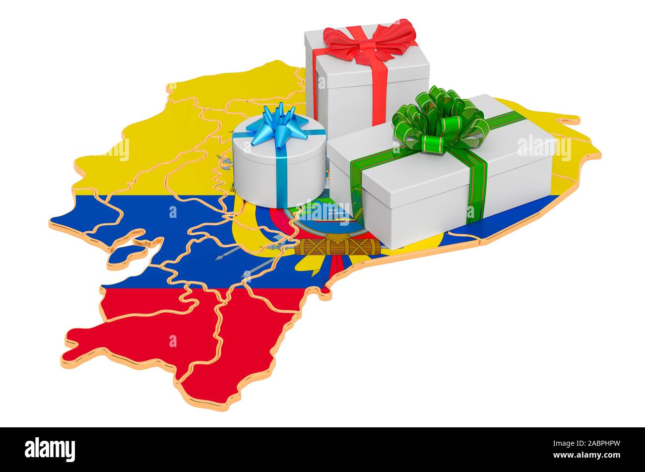 Gift boxes on the Ecuadorian map. Christmas and New Year holidays in ...