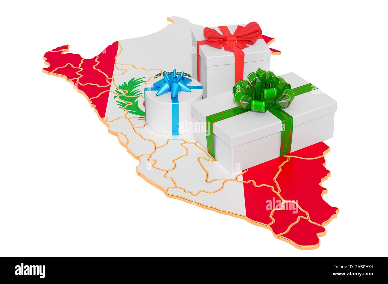 Gift boxes on the Peruvian map. Christmas and New Year holidays in Peru ...