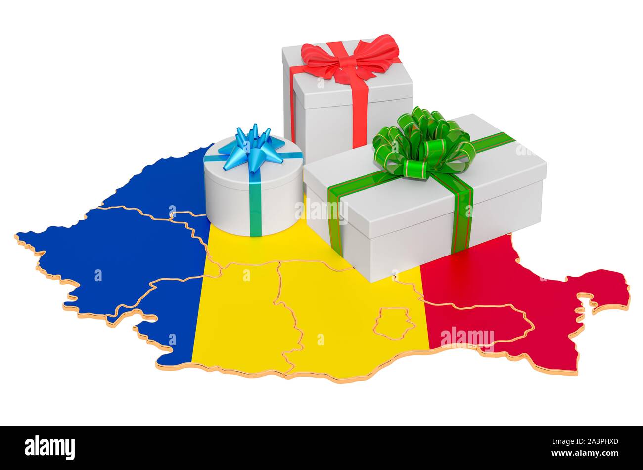 Gift boxes on the Romanian map. Christmas and New Year holidays in ...