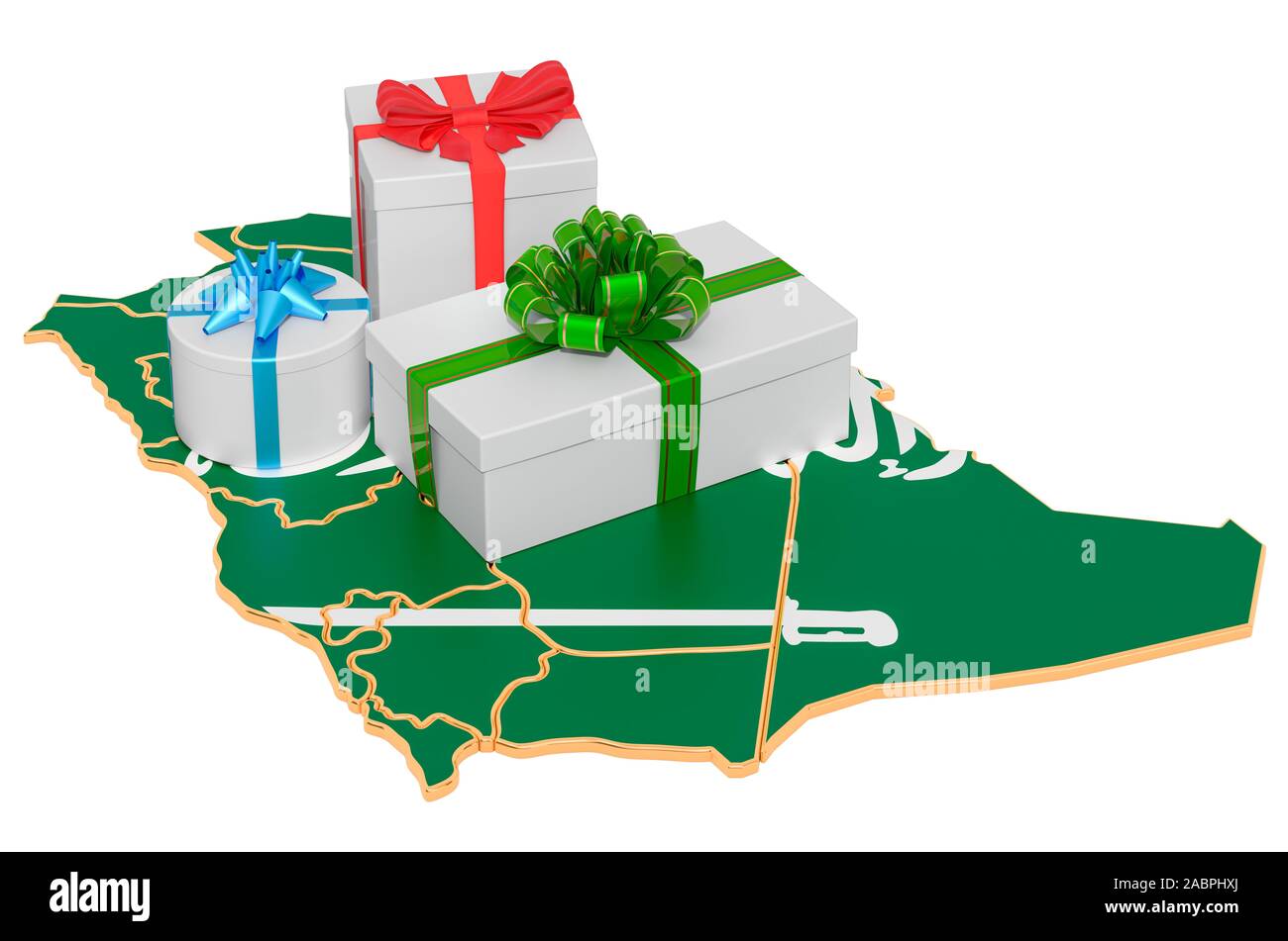 Gift boxes on the Saudi Arabian map. Christmas and New Year holidays in ...