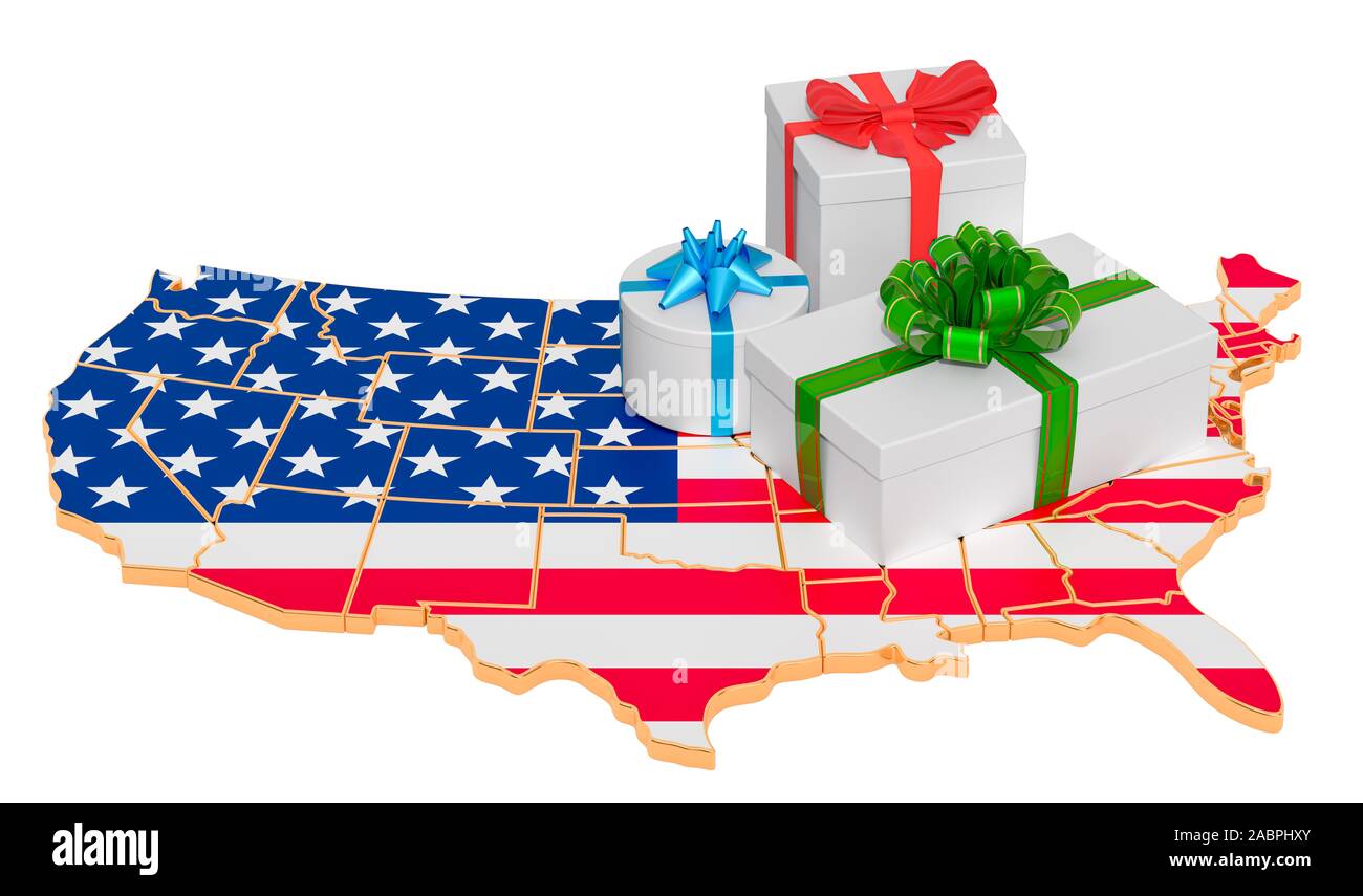 Gift boxes on the USA map. Christmas and New Year holidays in the ...