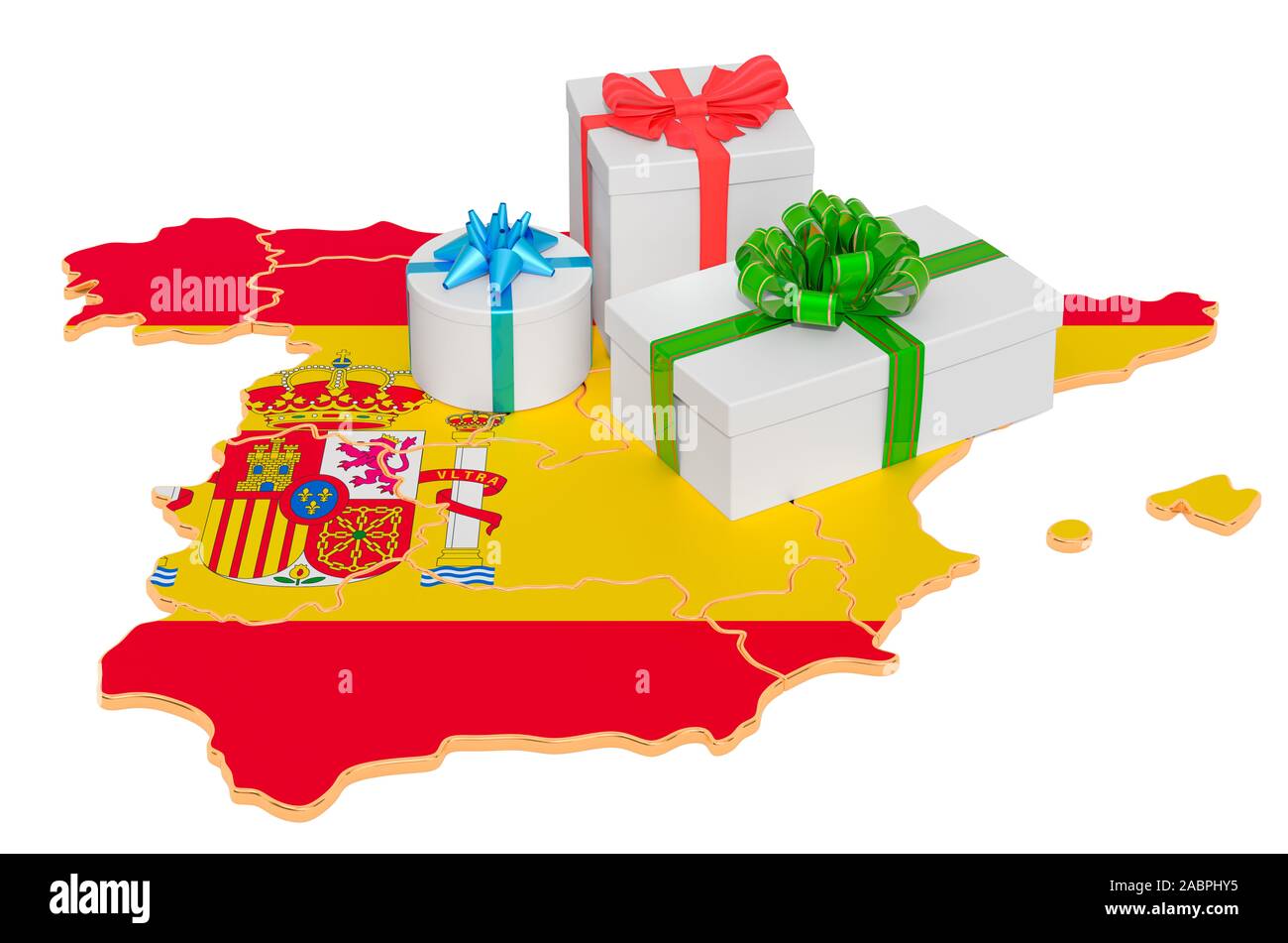 Gift boxes on the Spanish map. Christmas and New Year holidays in Spain ...