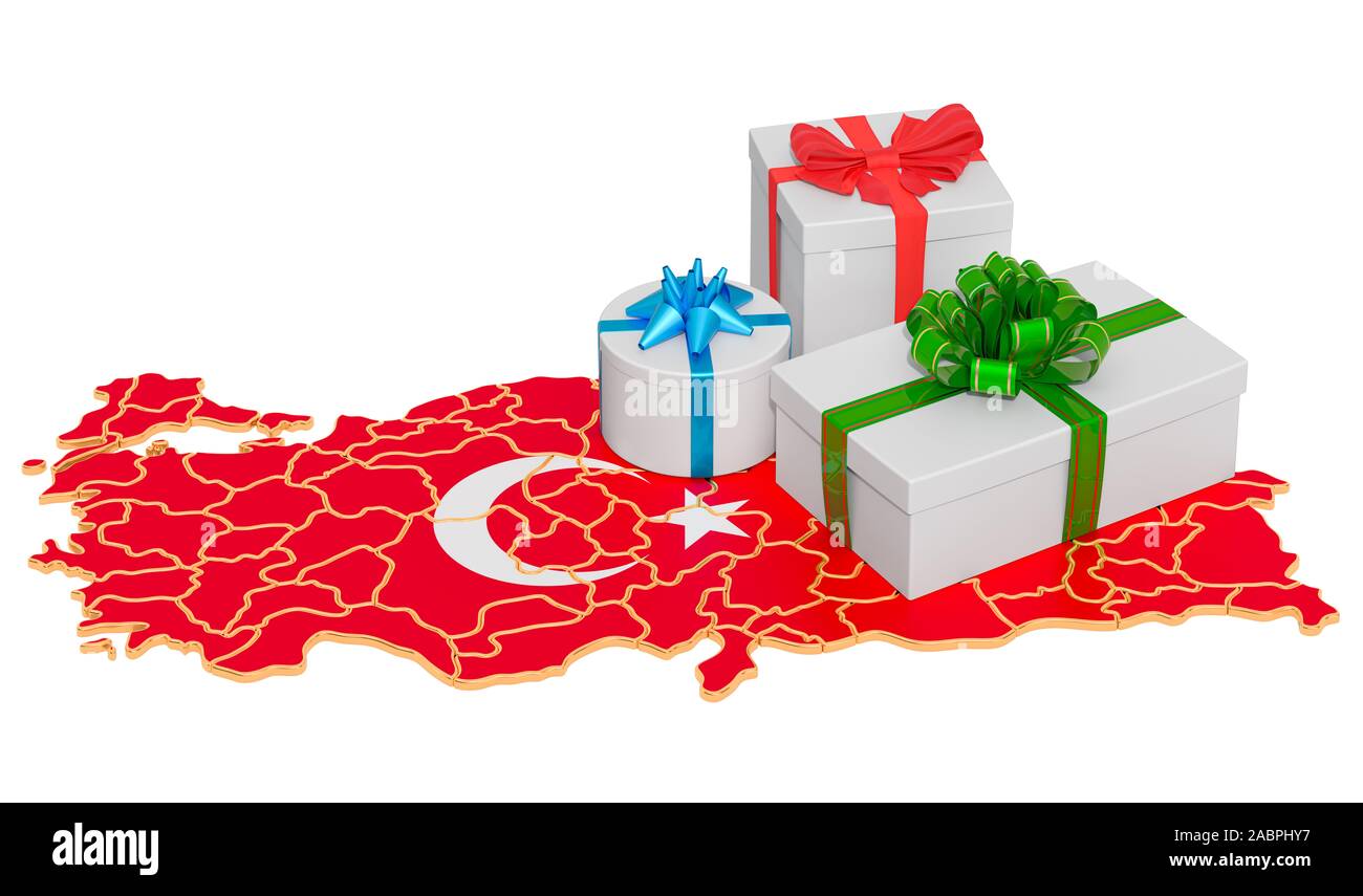 Gift boxes on the Turkish map. Christmas and New Year holidays in ...