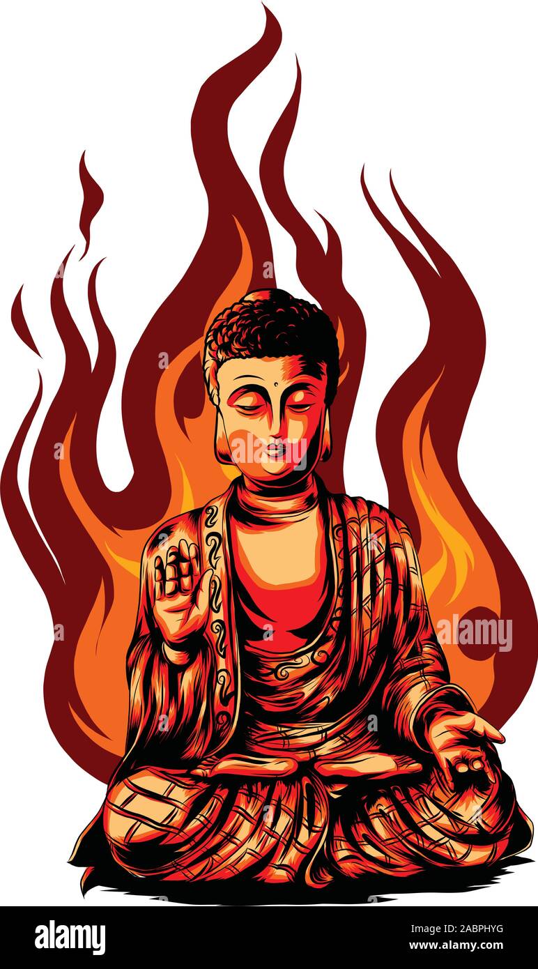 Vector religious icon of buddha statue. Golden Buddha sits and prays in ...