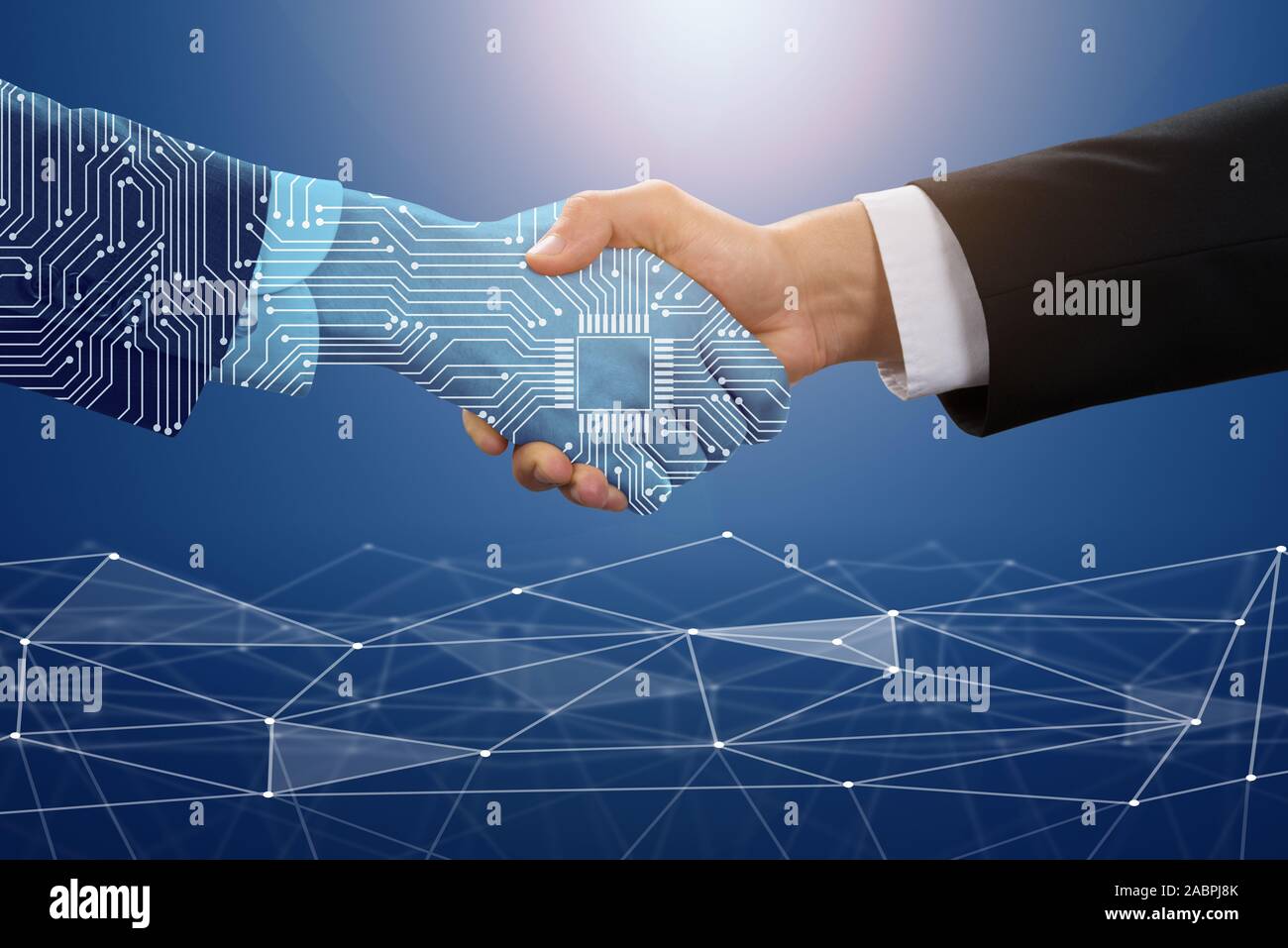 Close-up Of Businessman Shaking Hand With Digital Partners Against Blue ...