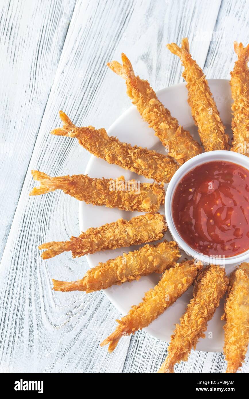 Shrimp tempura with sauce on the plate: top view Stock Photo - Alamy