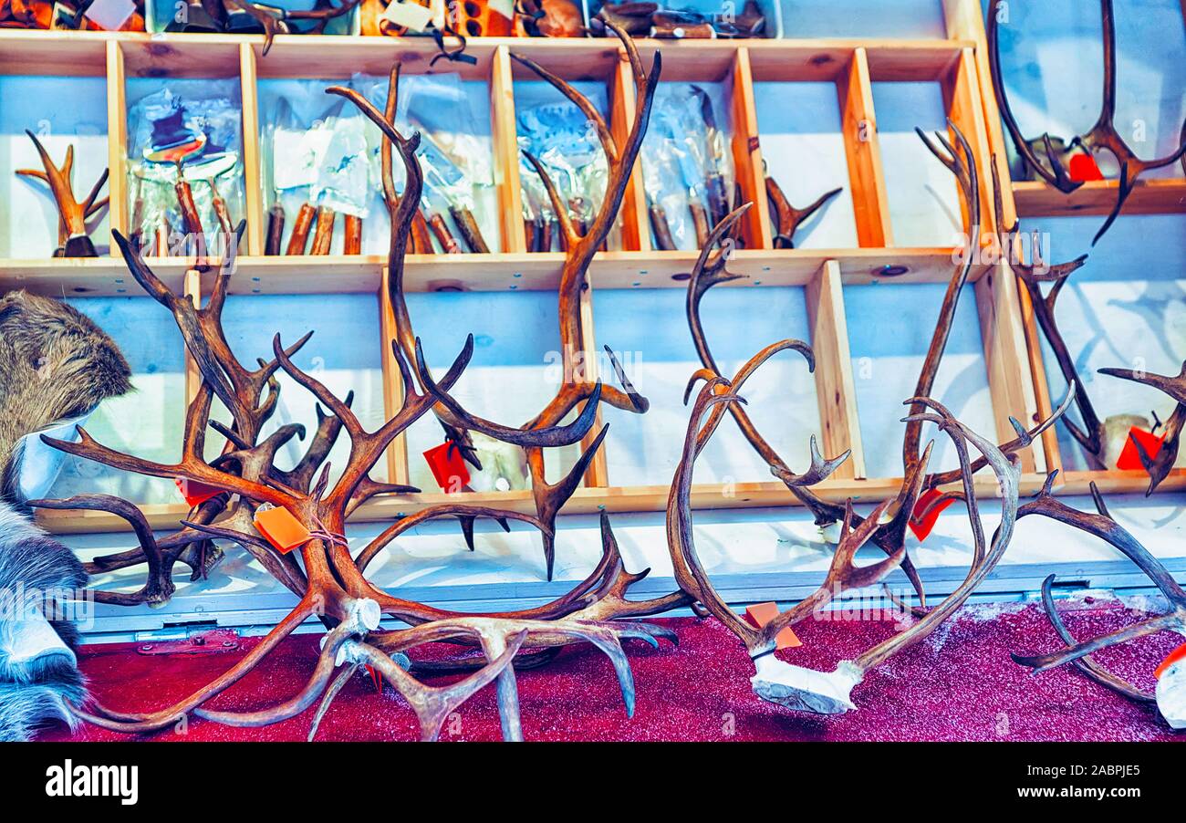 Reindeer Horns on Christmas Market in Rovaniemi Finland Lapland reflex ...