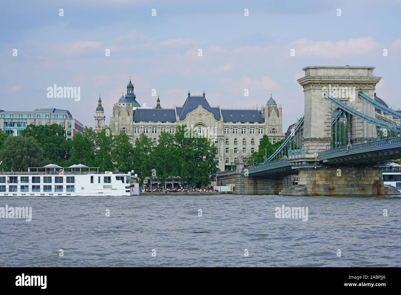 BUDAPEST, HUNGARY -26 MAY 2019- View of the landmark blue Széchenyi ...