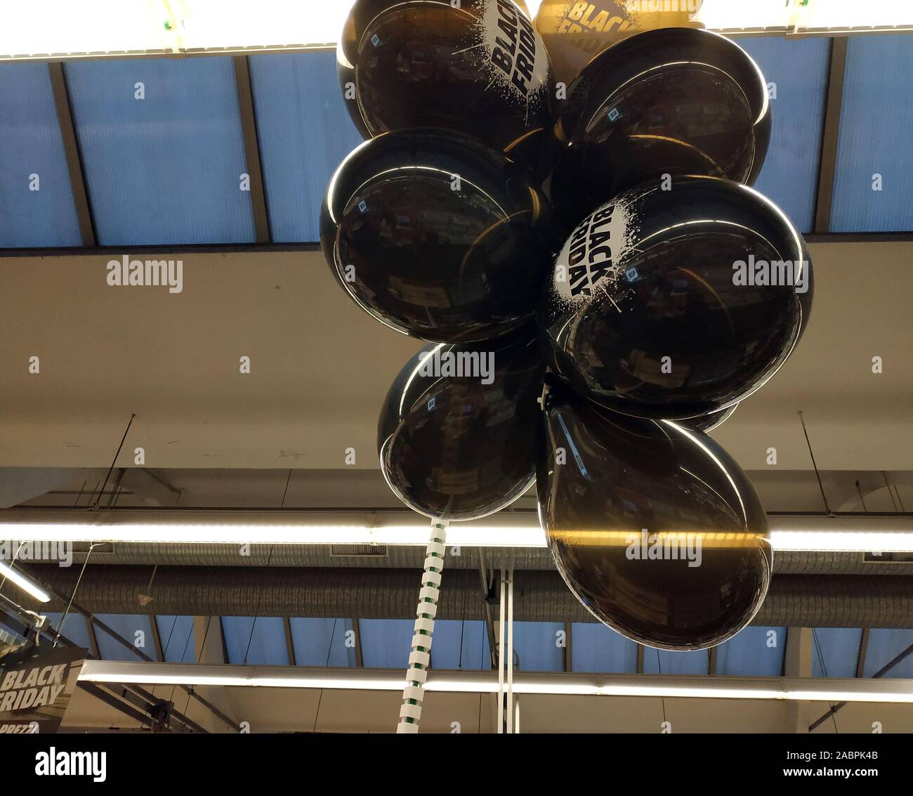 Turin, Piemonte, Italy.November 2019.Black Friday balloons at a ...