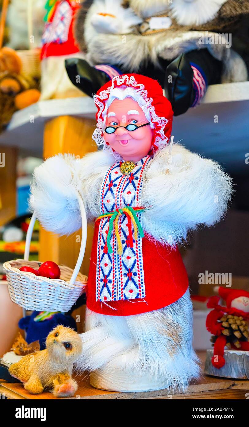 Market stall with Santa Claus wife in winter Rovaniemi reflex Stock ...