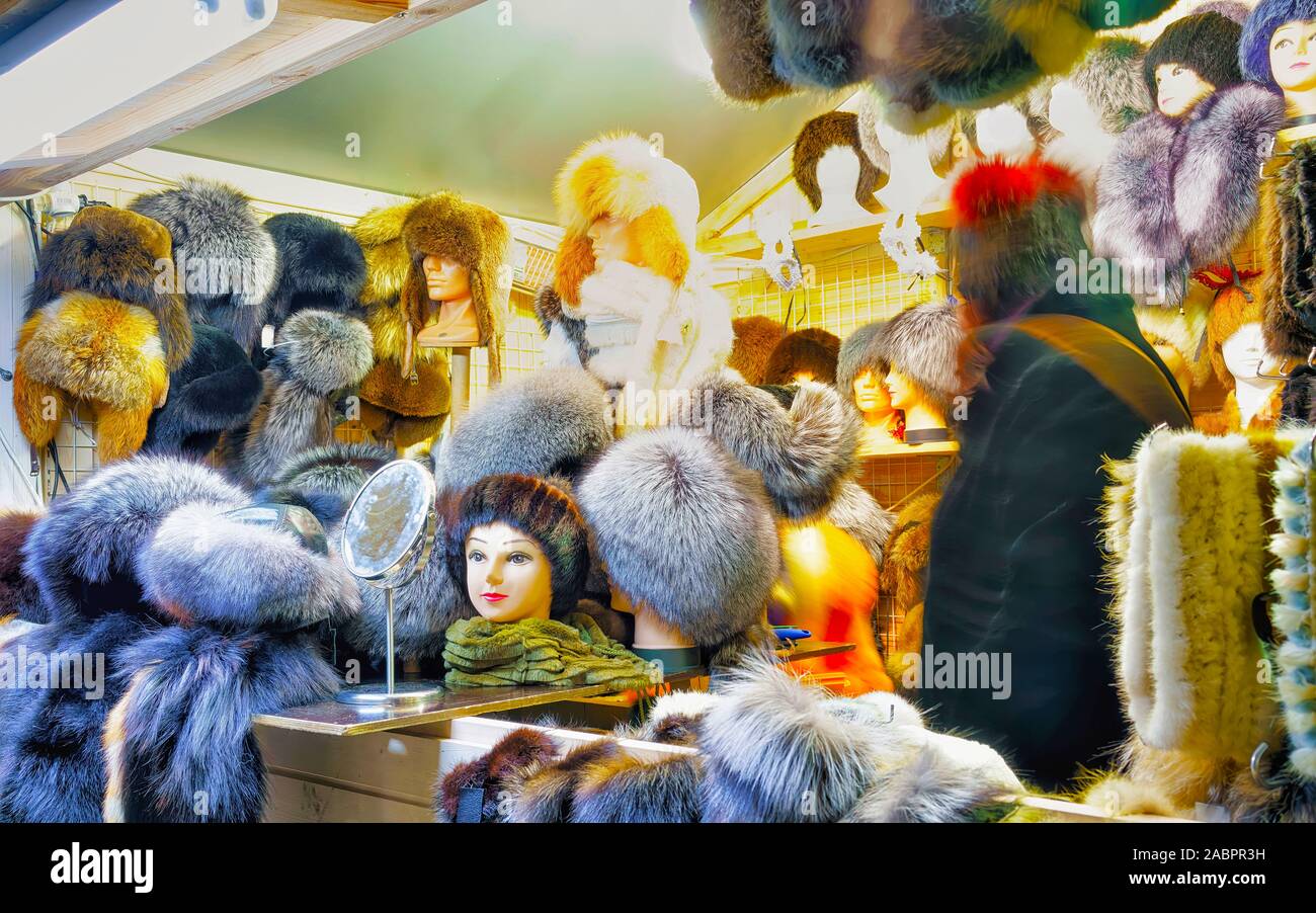 Stall with fur hats at the Vilnius Christmas Market reflex Stock Photo ...