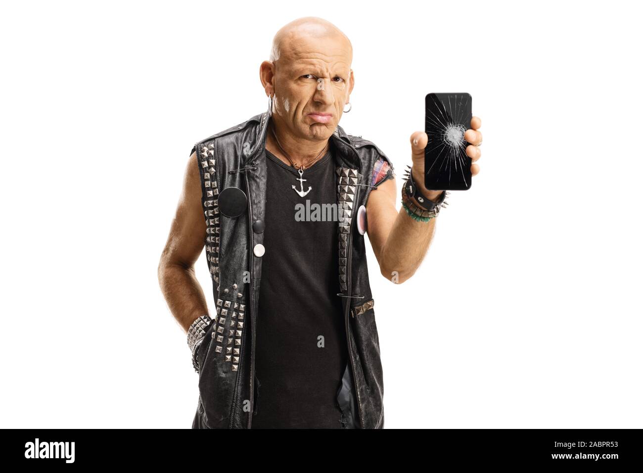 Sad punk holding his broken mobile phone isolated on white background ...