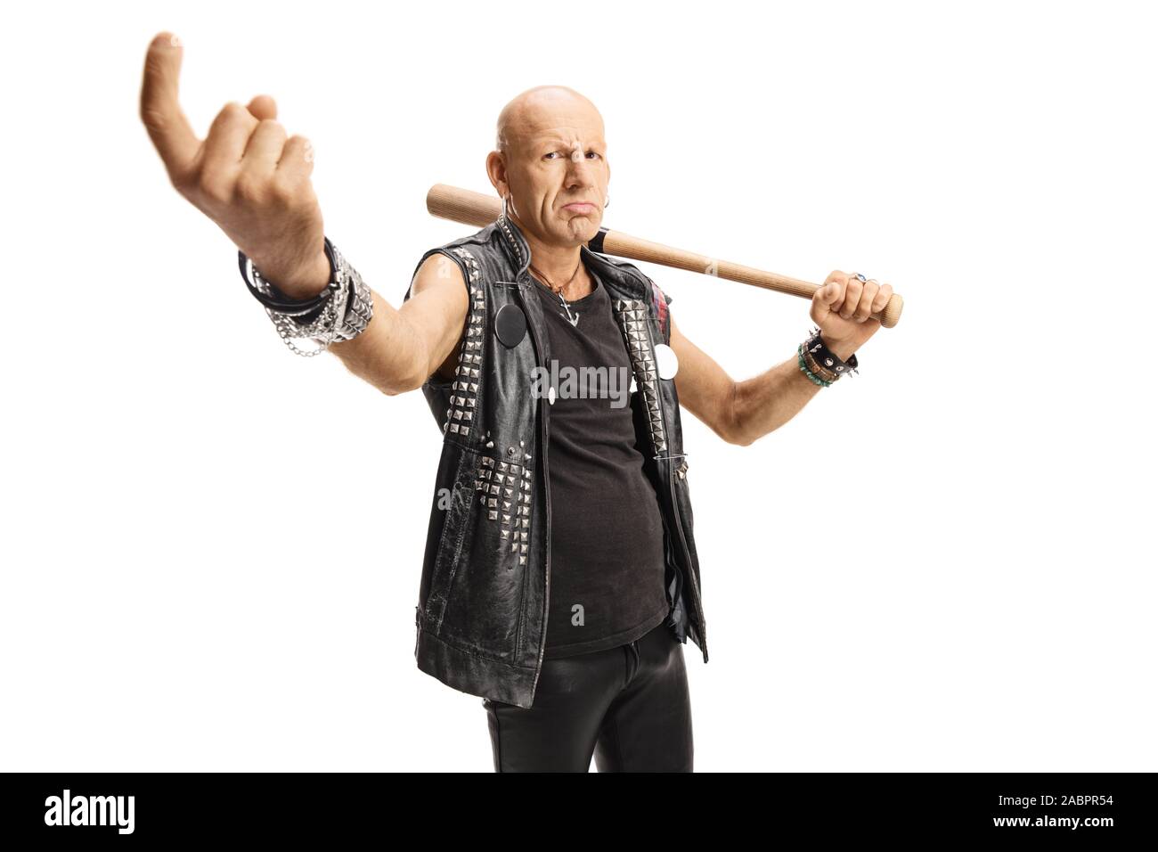 Serious punk with a bat gesturing come here with finger isolated on ...