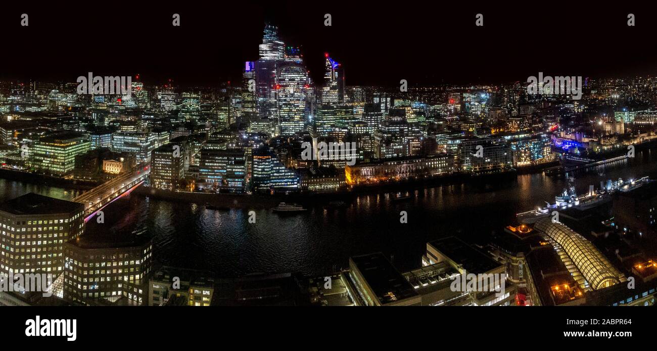 A panoramic view from The Shard over the City of London at night Stock ...