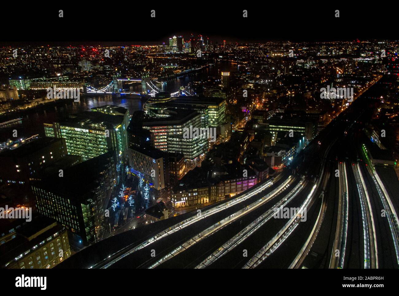 London Bridge Station, Tower Bridge and the Docklands at night Stock ...