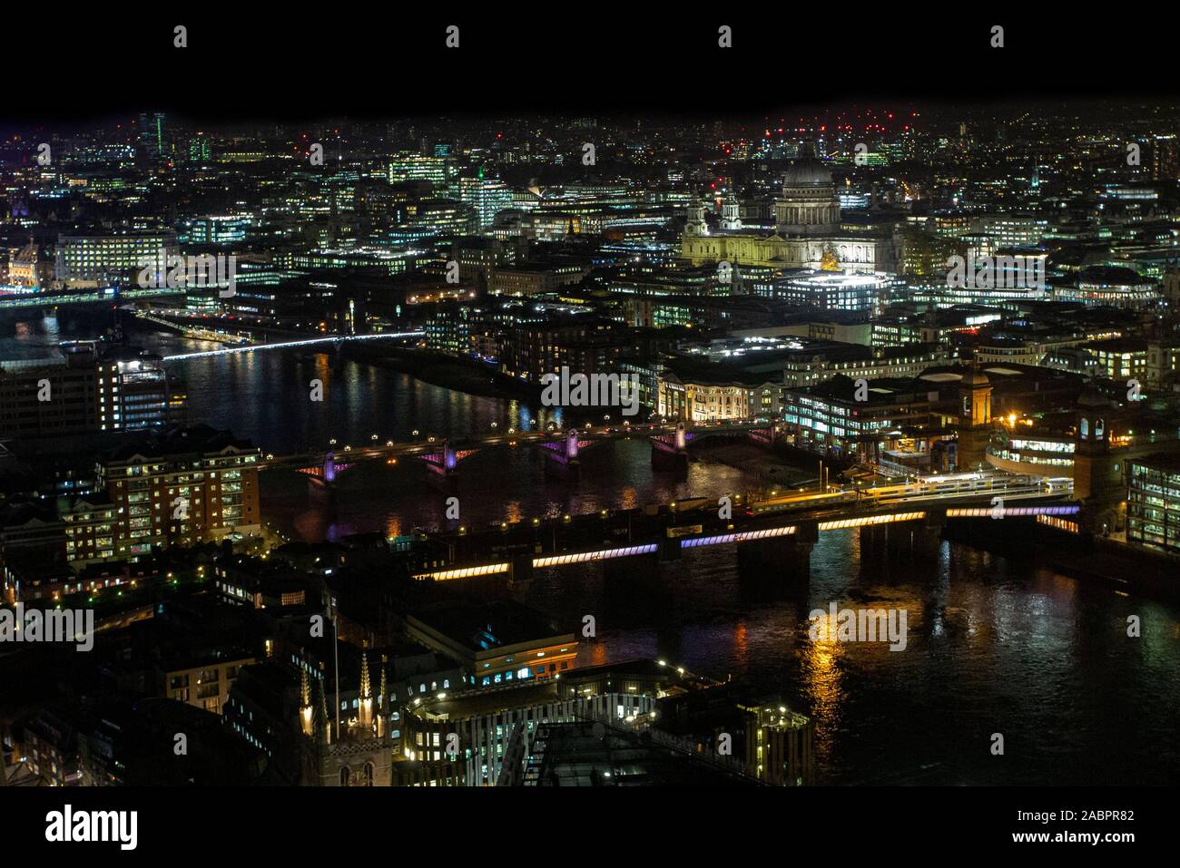 A panoramic view from The Shard over the City of London at night Stock ...