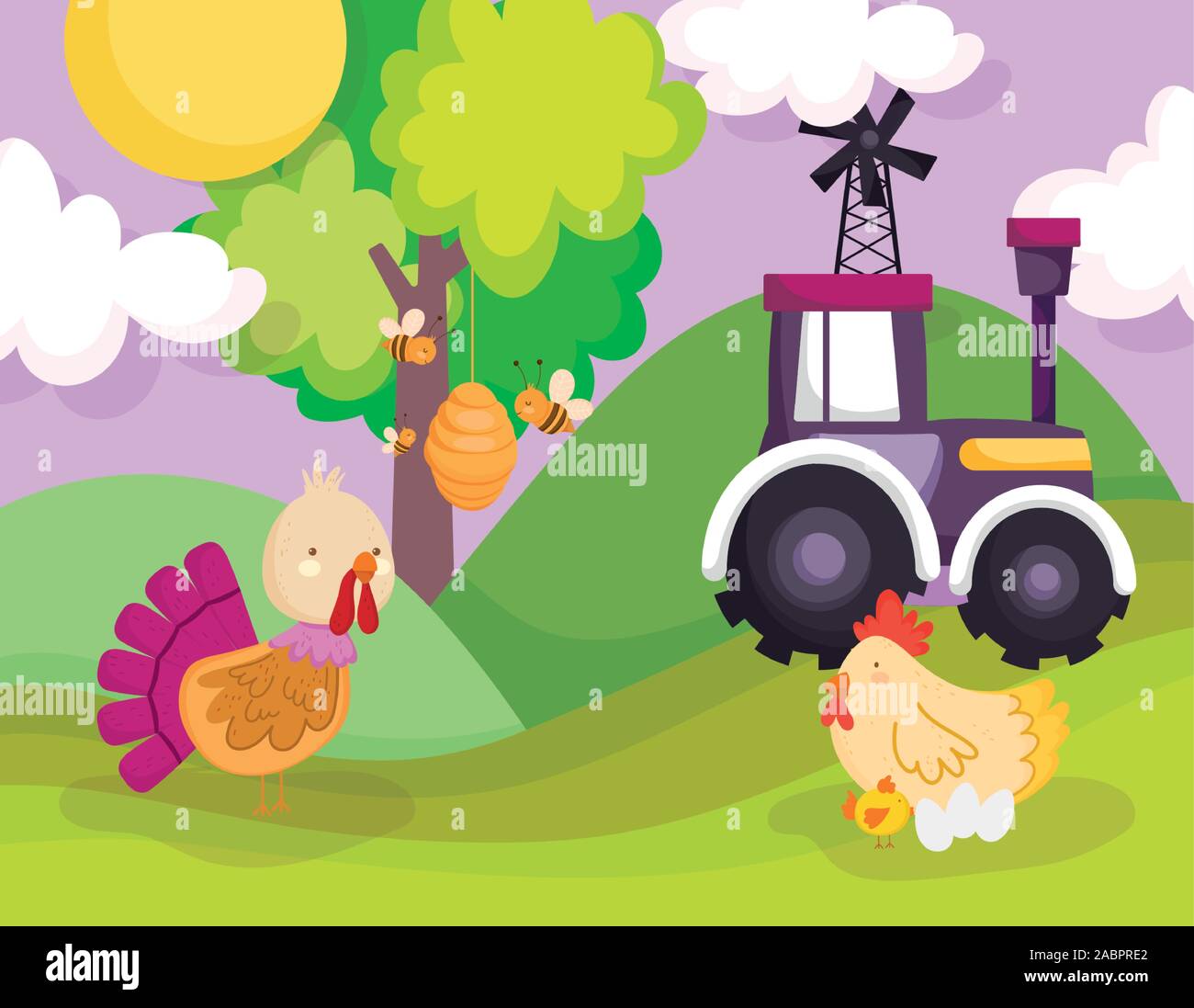 farm animals hen chickens turkey bees tractor windmill tree vector ...