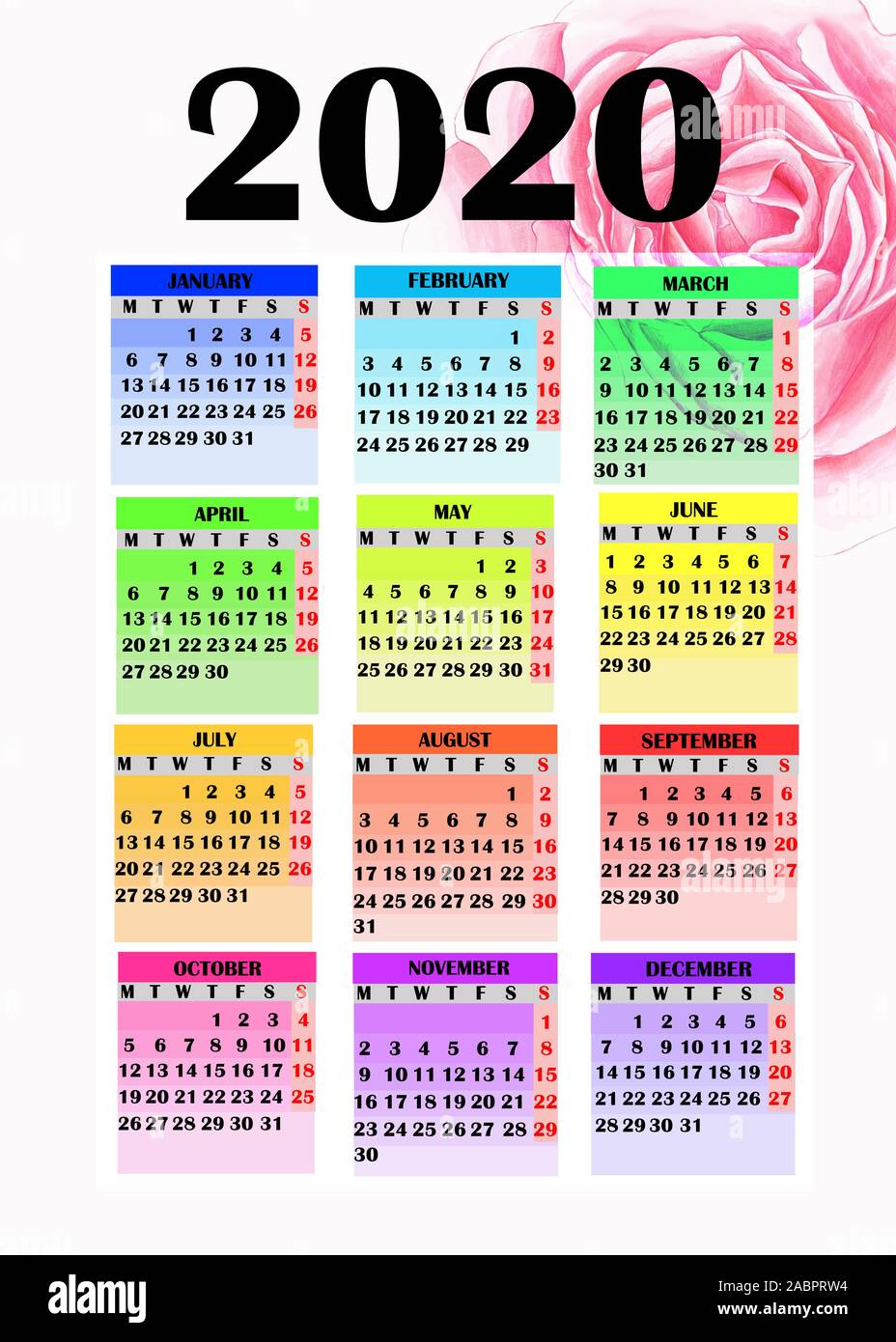 Year 2020 calendar. Colorful design for calendar 2020 with painted rose ...