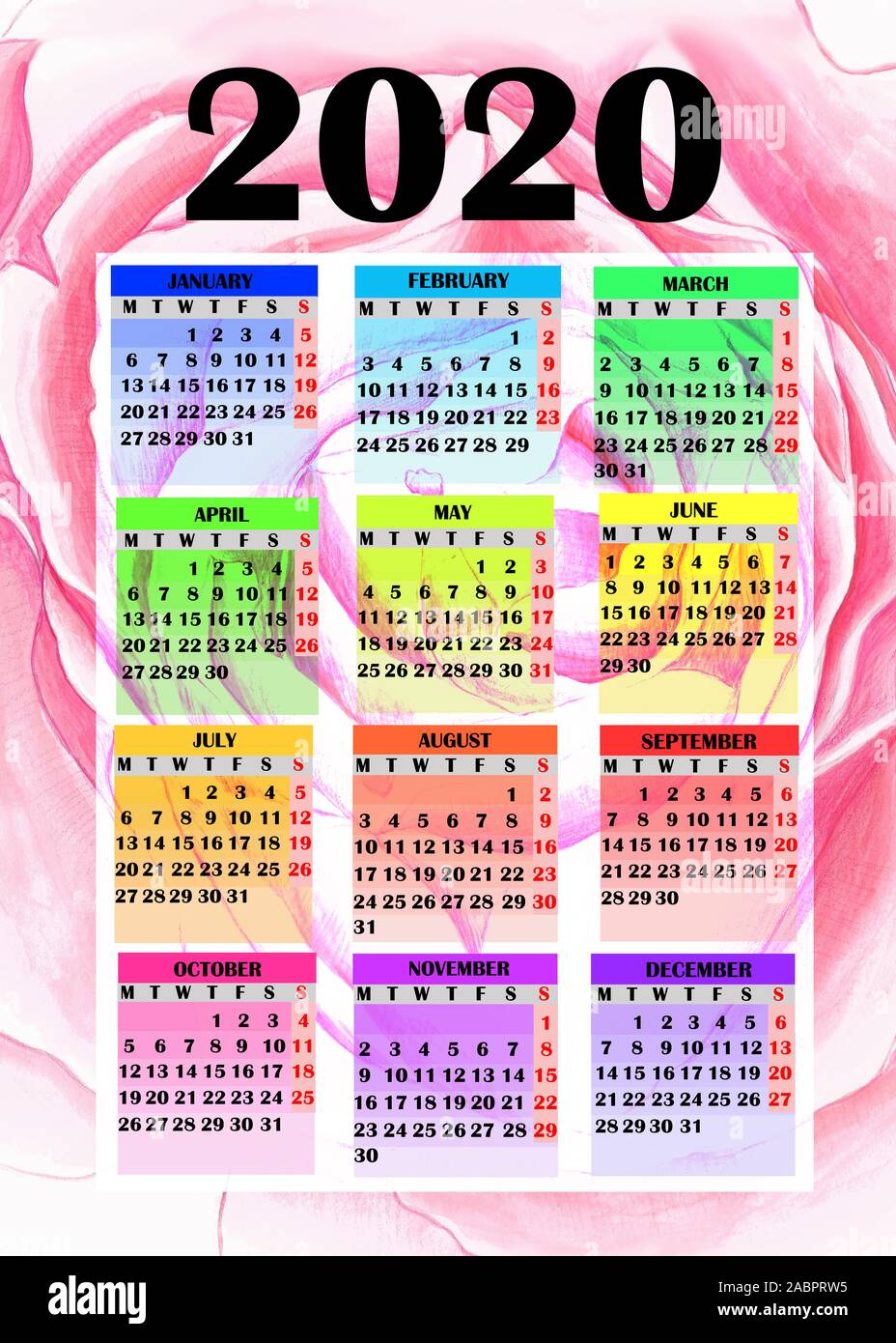 Year 2020 calendar. Colorful design for calendar 2020 with painted rose ...