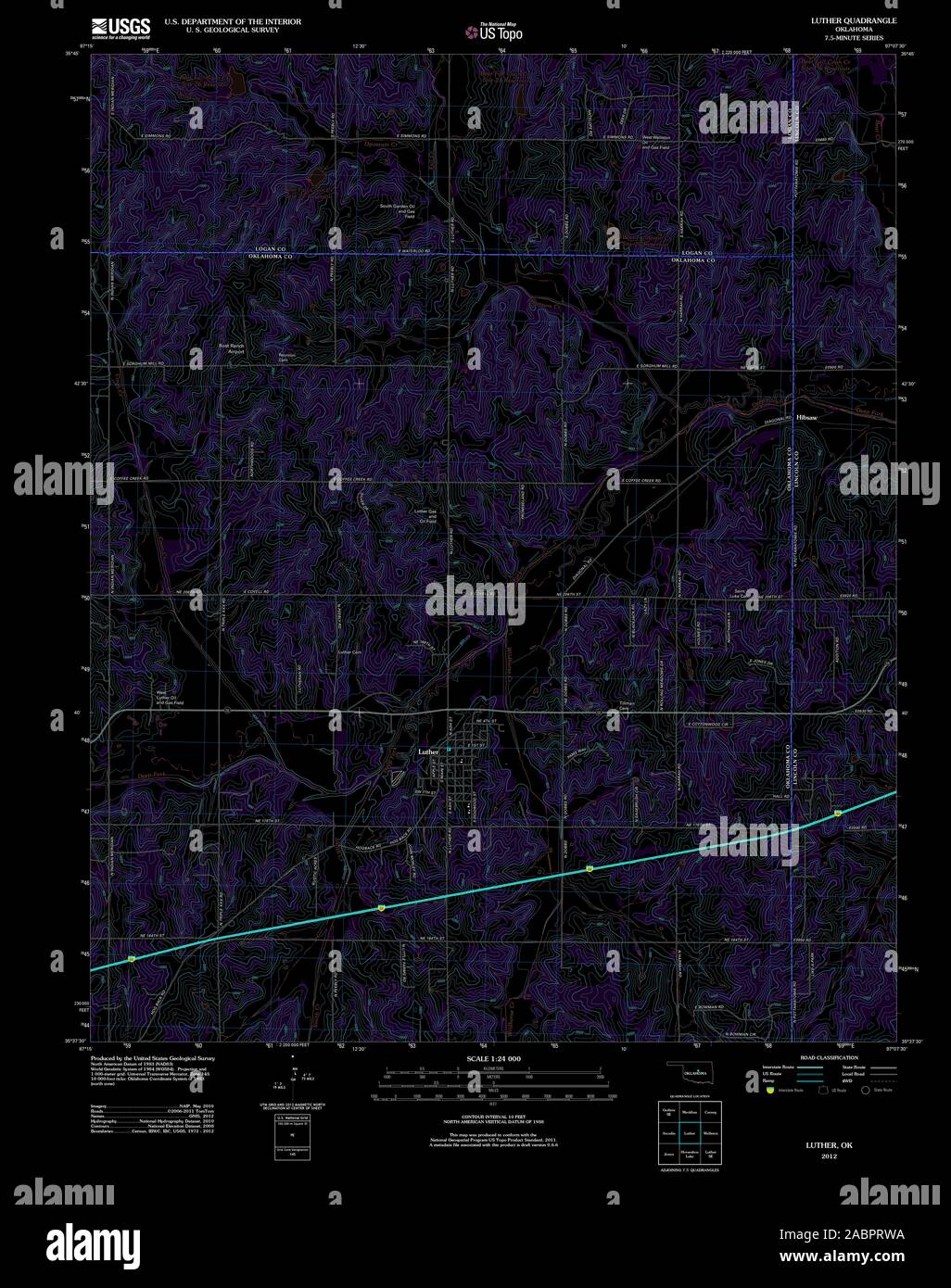 USGS TOPO Map Oklahoma OK Luther 20121114 TM Inverted Restoration Stock ...