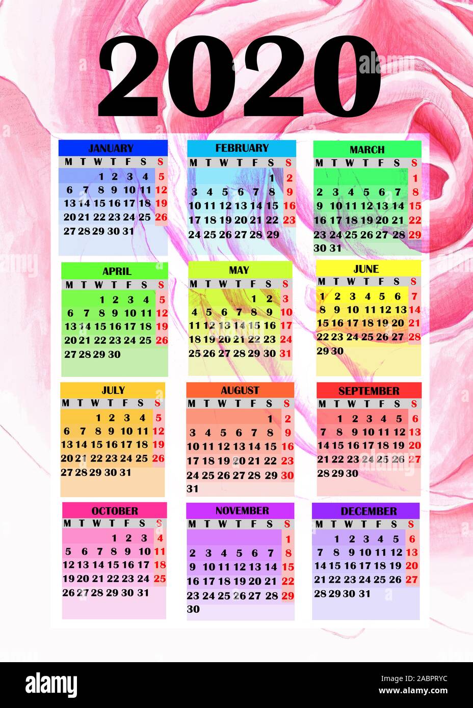 Year 2020 calendar. Colorful design for calendar 2020 with painted rose ...