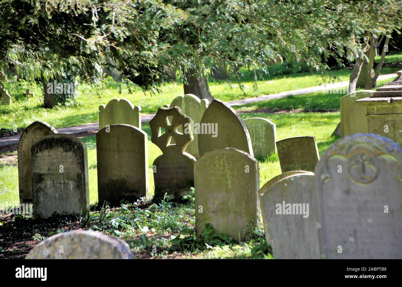 Old cemetery in the Cumbria area of the UK England with many types of ...