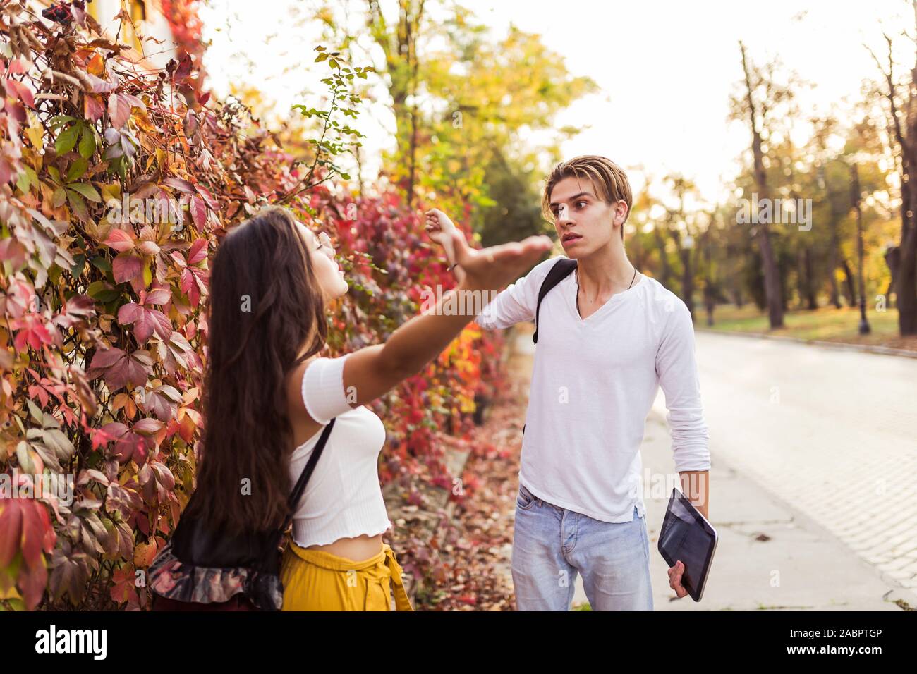 Happy young couple or friends are consulting and pointing location ...