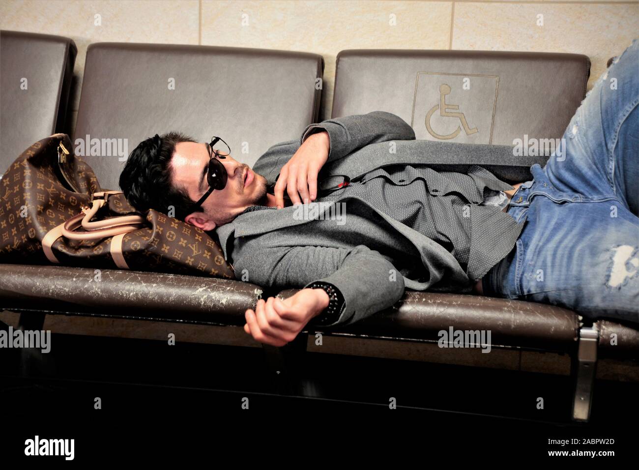 a blind, in one eye, Caucasian Man sleeping in Phoenix airport while ...