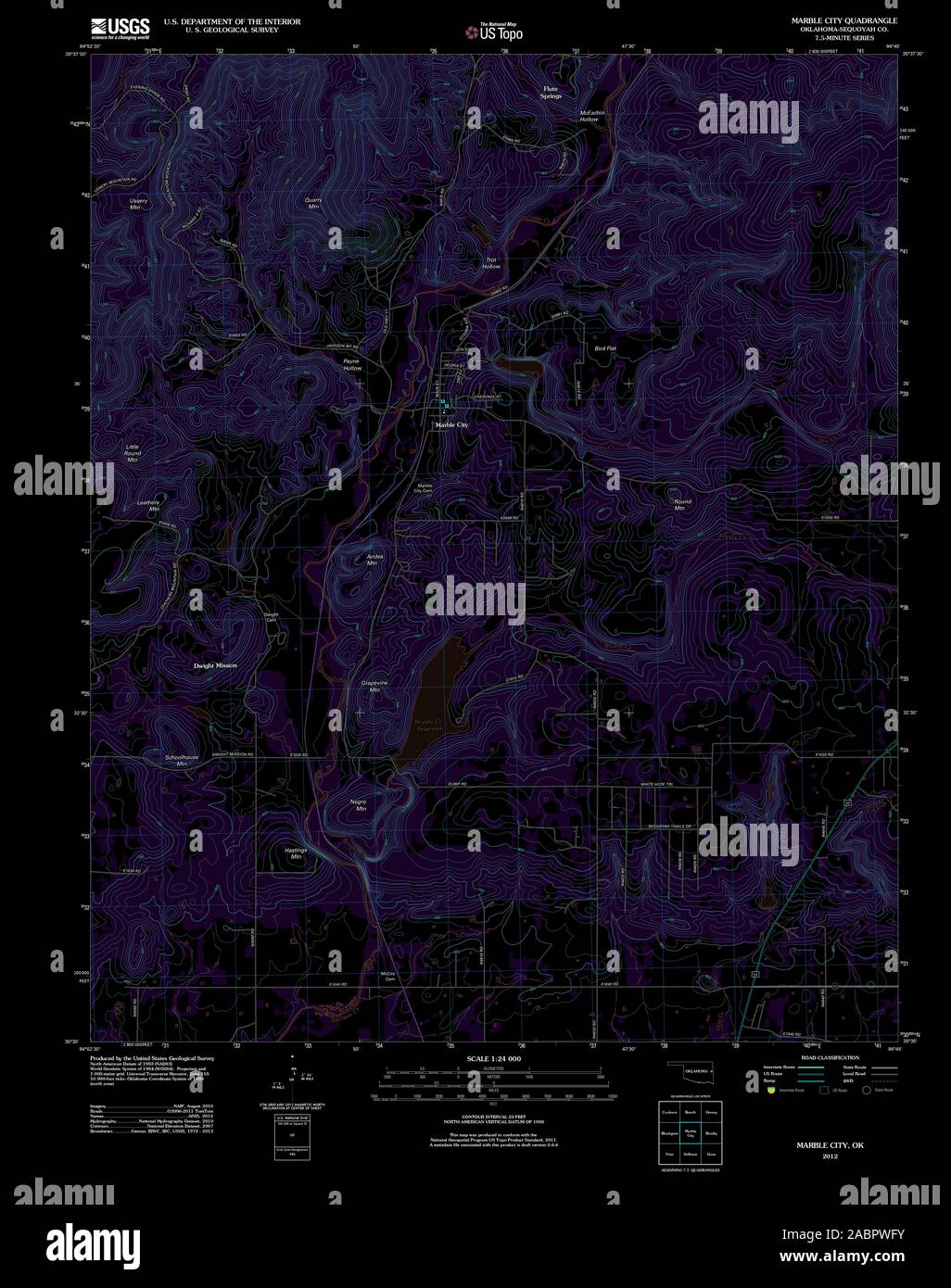USGS TOPO Map Oklahoma OK Marble City 20121207 TM Inverted Restoration ...